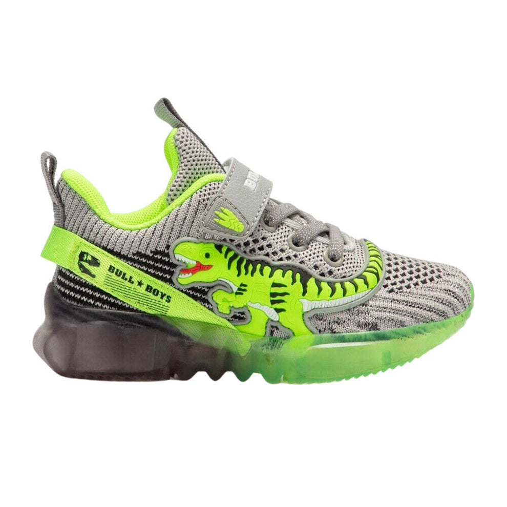Bull Boys T-Rex Dinosaur Grey/Green Light Up Flashing Trainers Shoes ...